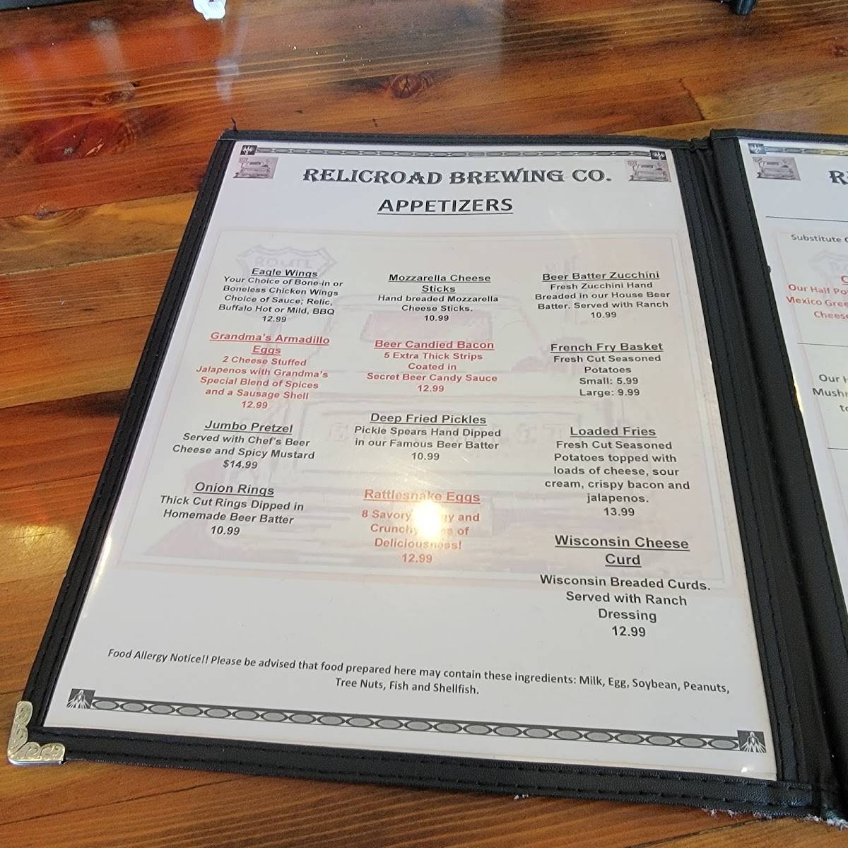 Menu at RelicRoad Brewing Company restaurant, Winslow