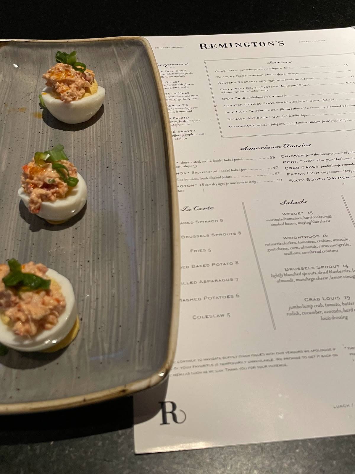 Menu at Remington's steakhouse, Chicago