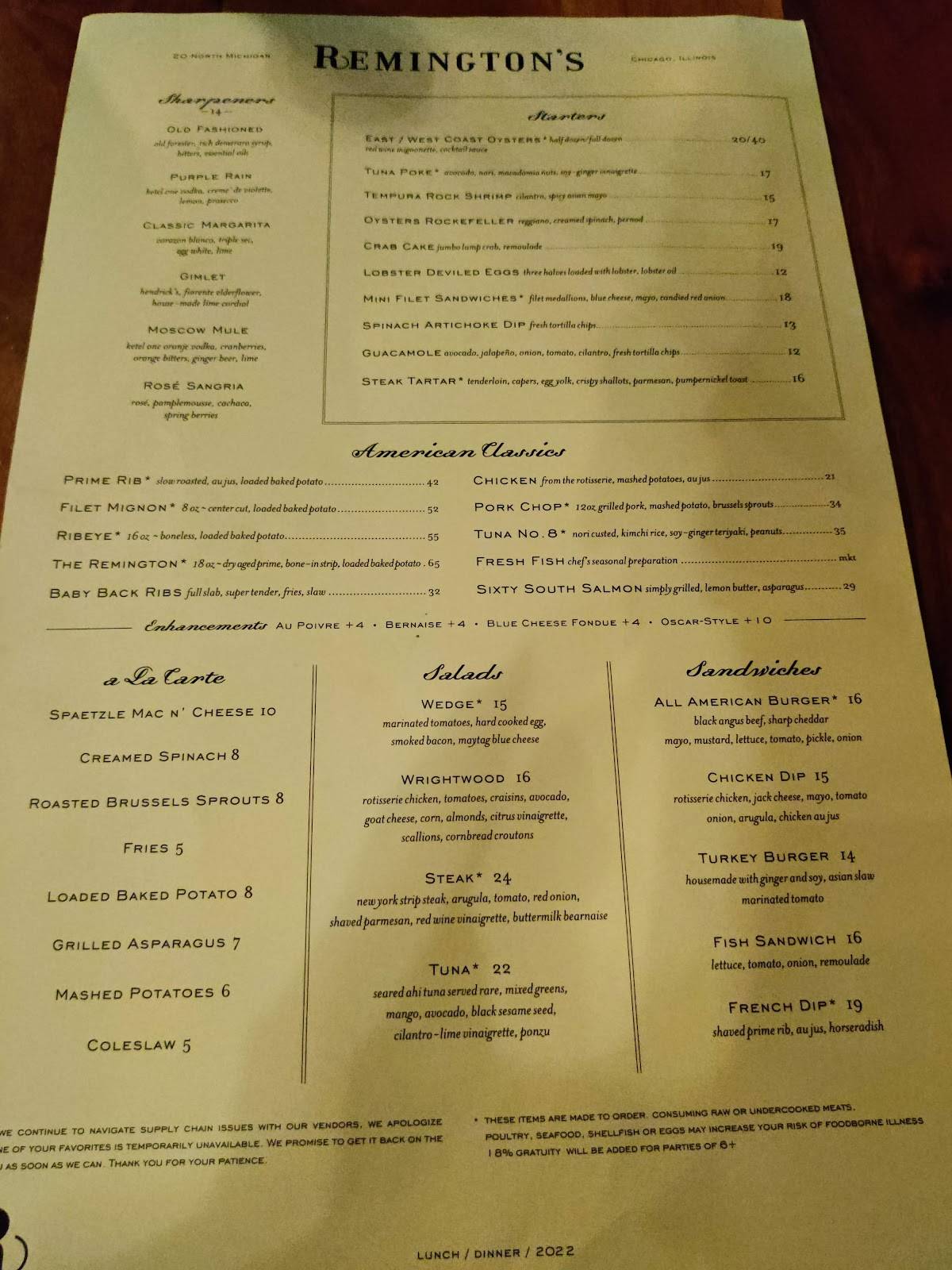 Menu at Remington's steakhouse, Chicago