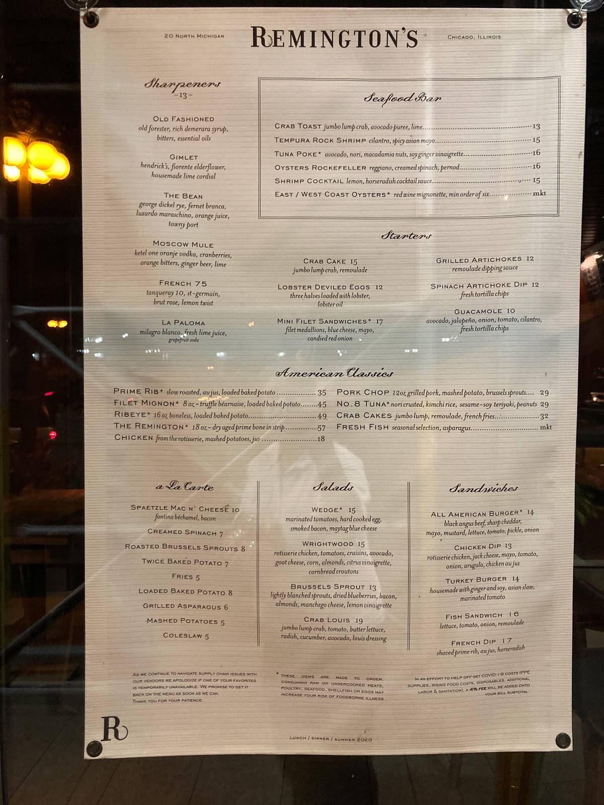 Menu at Remington's steakhouse, Chicago