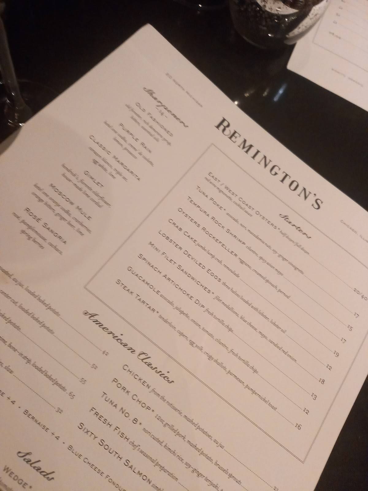Menu at Remington's steakhouse, Chicago