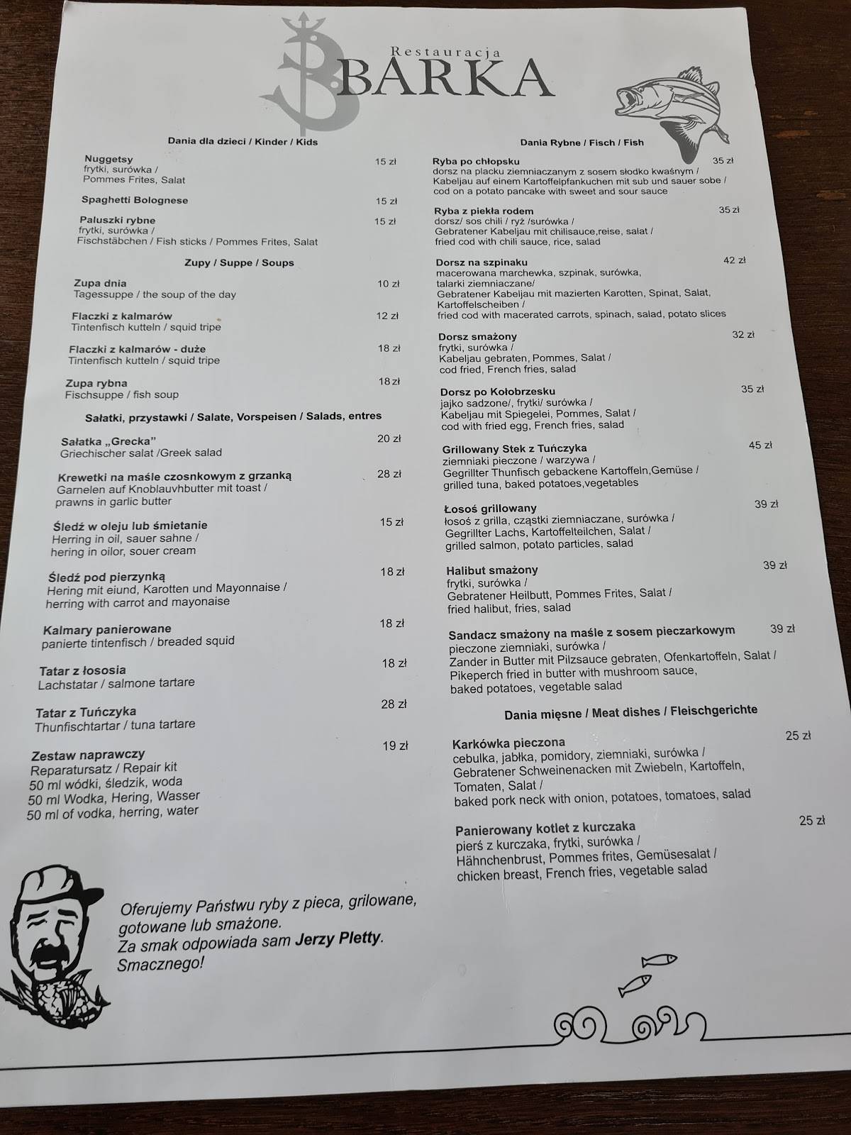 Menu at Restauracja Barka, Kolobrzeg