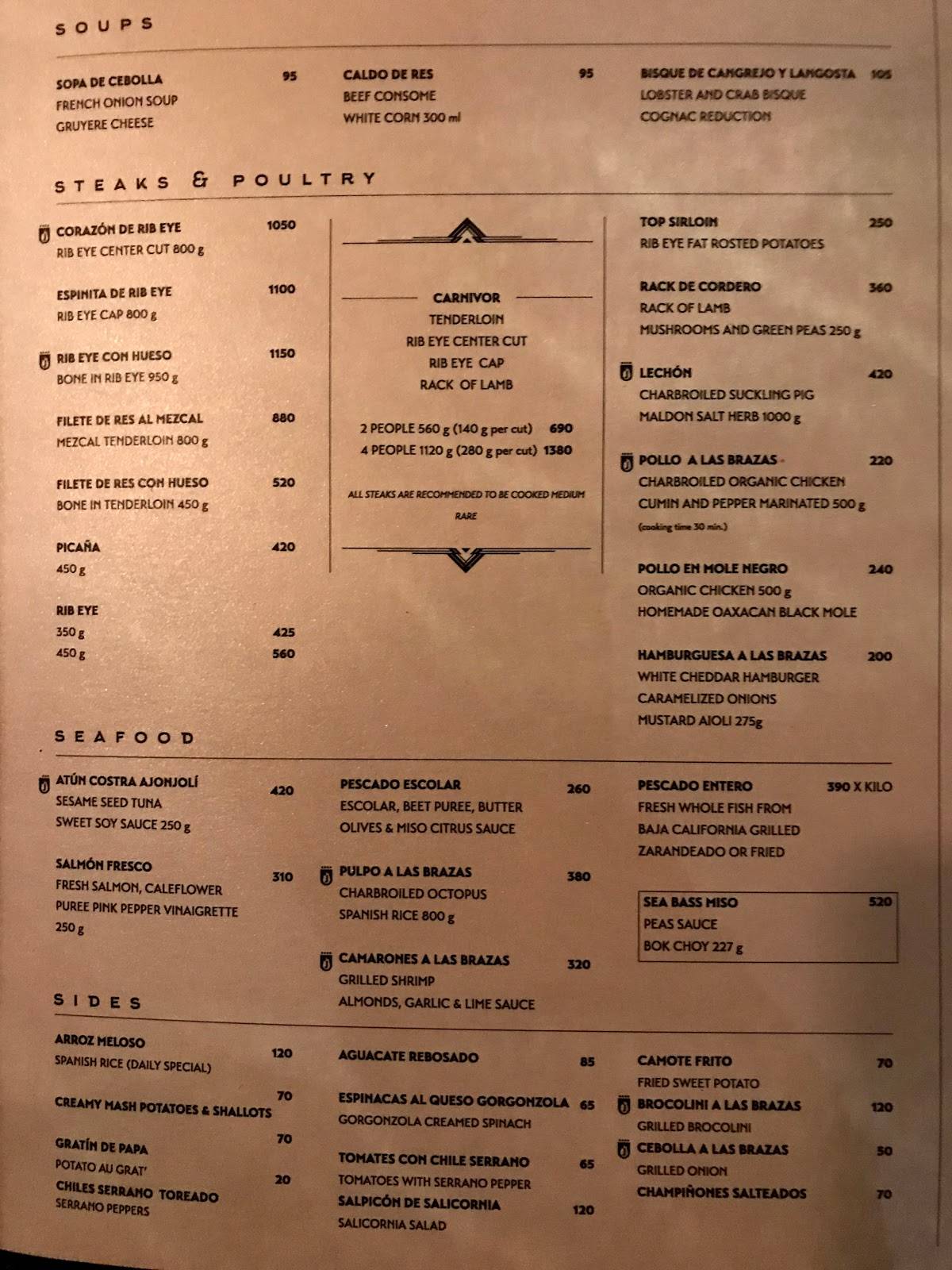 Menu at ARDEO restaurant, Ciudad Juarez