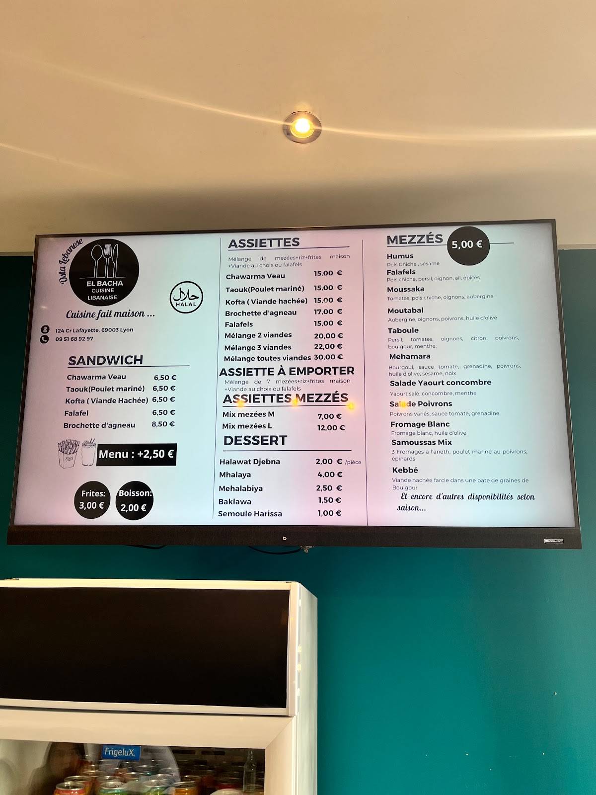 Menu au Al Bacha restaurant, Lyon