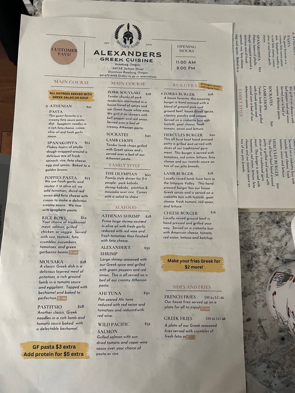 Menu at Alexanders Greek Cuisine restaurant, Roseburg