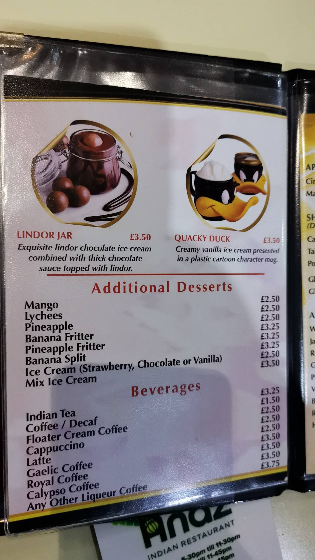 Menu at Anaz restaurant, Darwen, 110