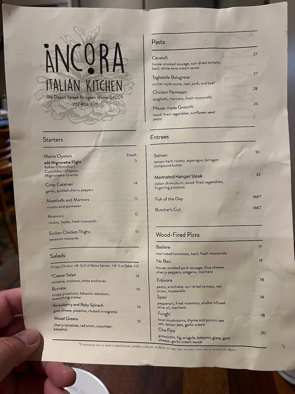 Menu at Ancora Italian Kitchen restaurant, Bridgton