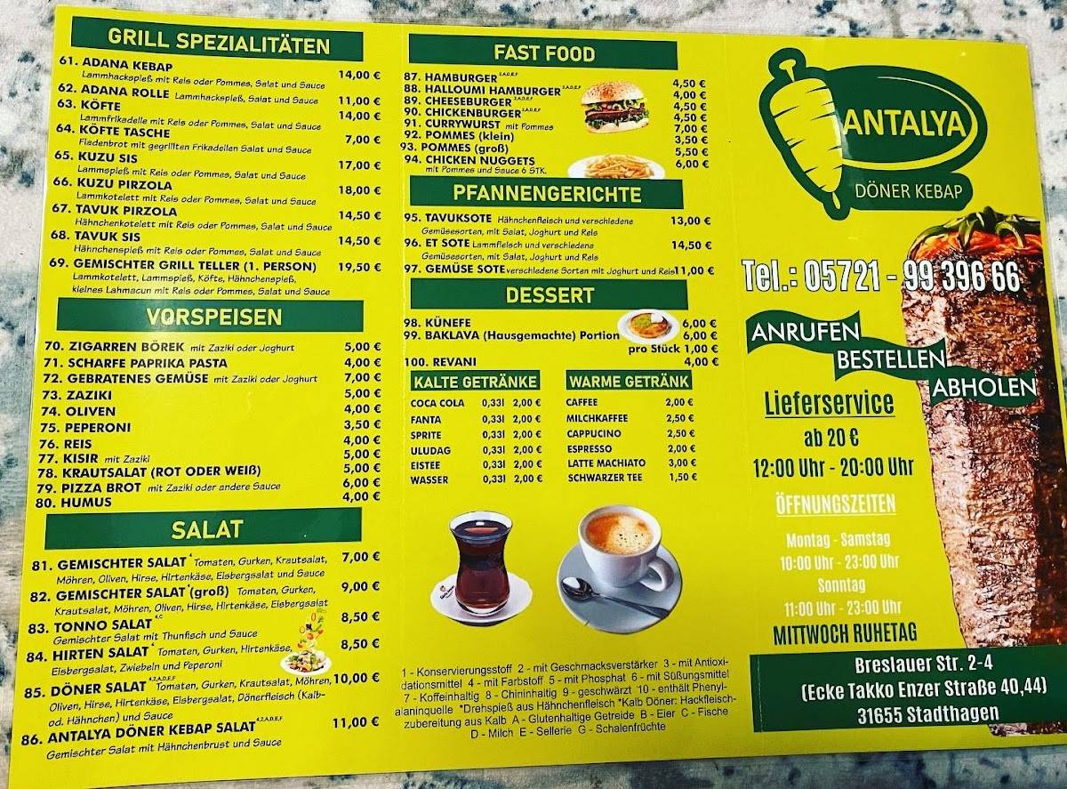 Menu at Antalya döner kebap restaurant, Stadthagen