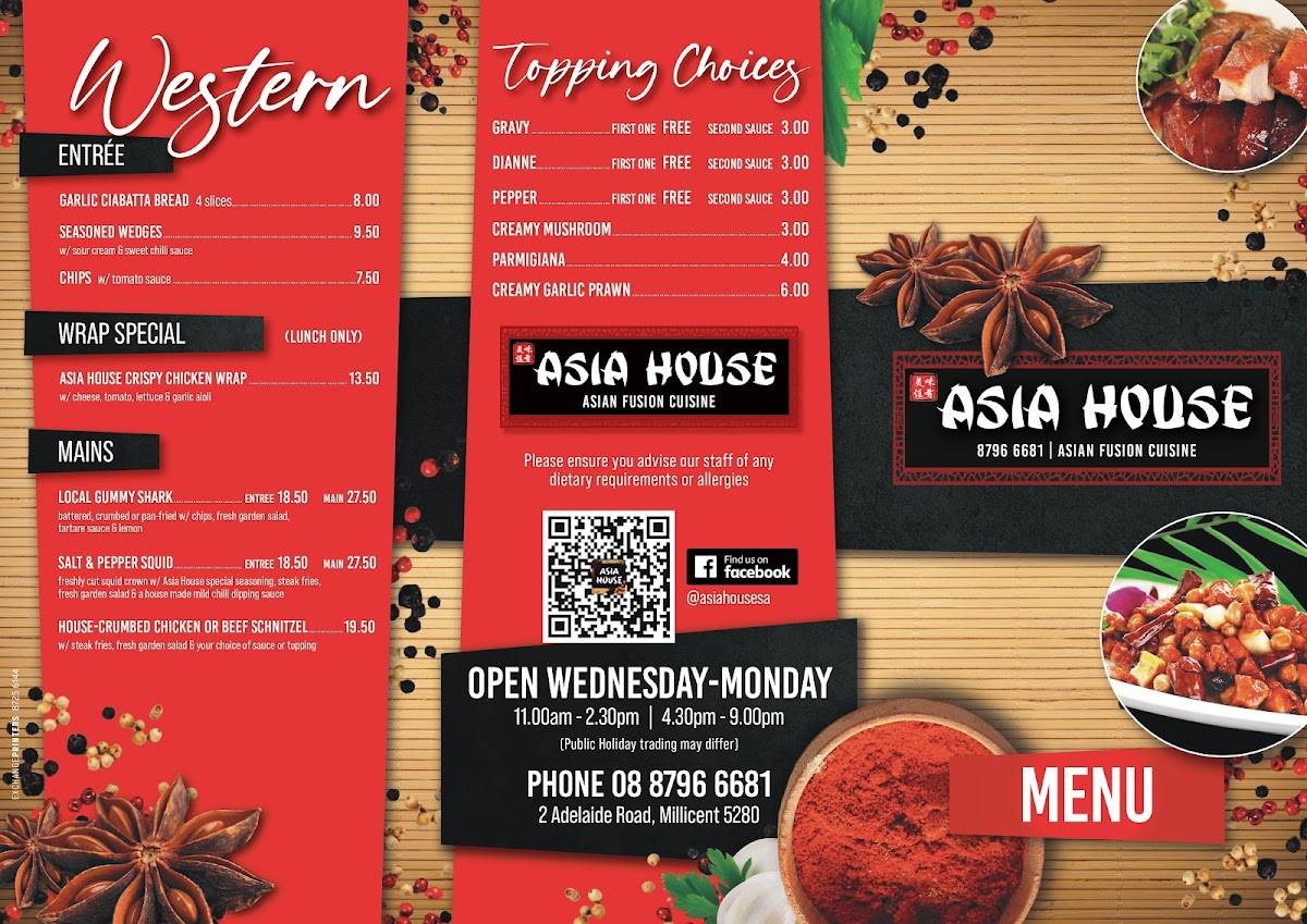 Menu at Asia House restaurant, Millicent