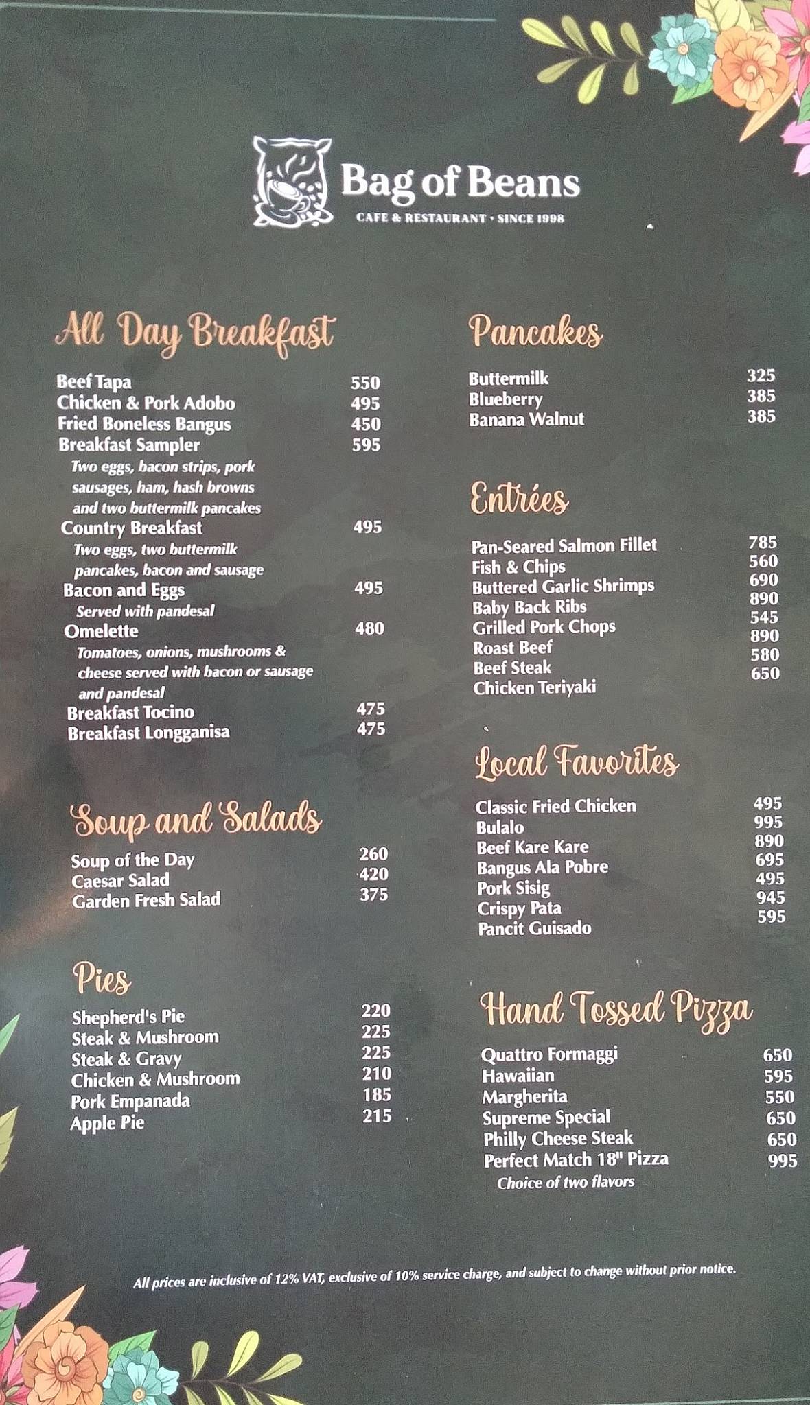 Menu at Bag of Beans Athena Branch restaurant, Tagaytay, Gen. E
