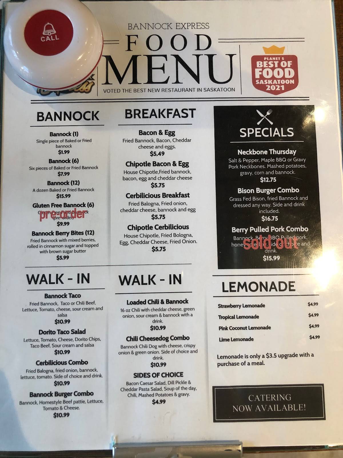 Menu at Bannock Express restaurant, Saskatoon