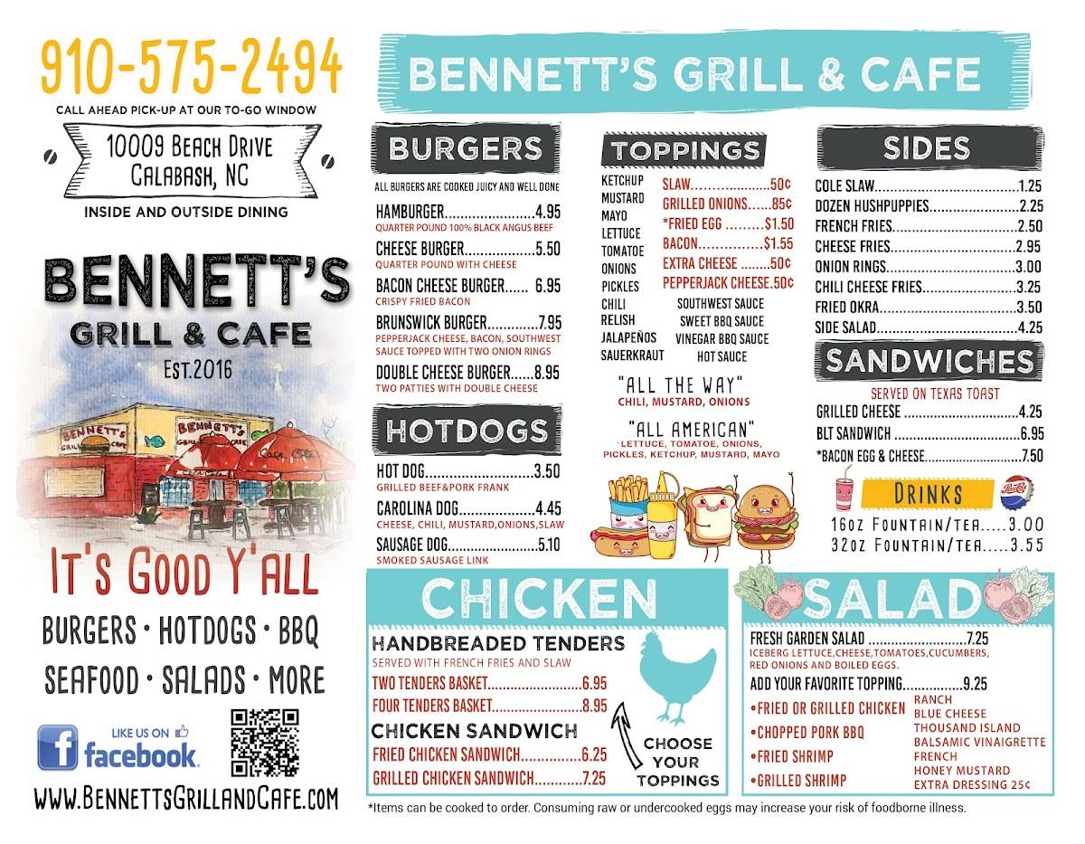 Menu at Bennett's Grill and Cafe, Calabash