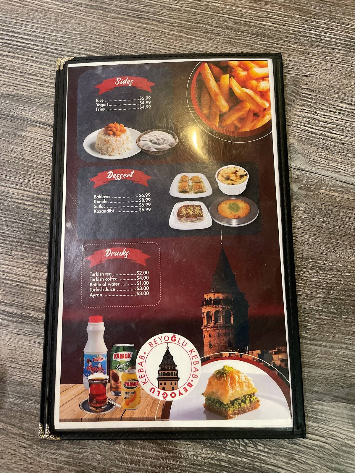 Menu at Beyoglu Kebab restaurant, Toronto
