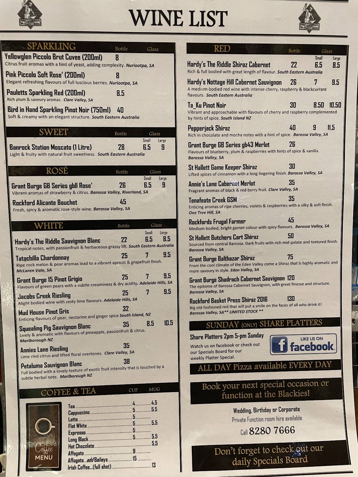 Menu at The Blacksmith's Inn restaurant, One Tree Hill