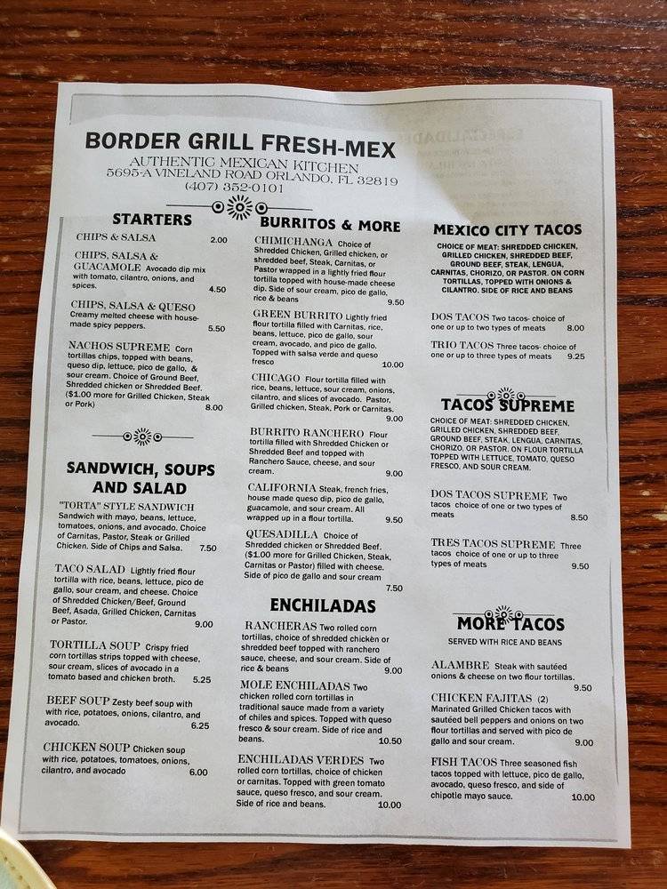 Menu at Border Grill Fresh-Mex restaurant, Orlando