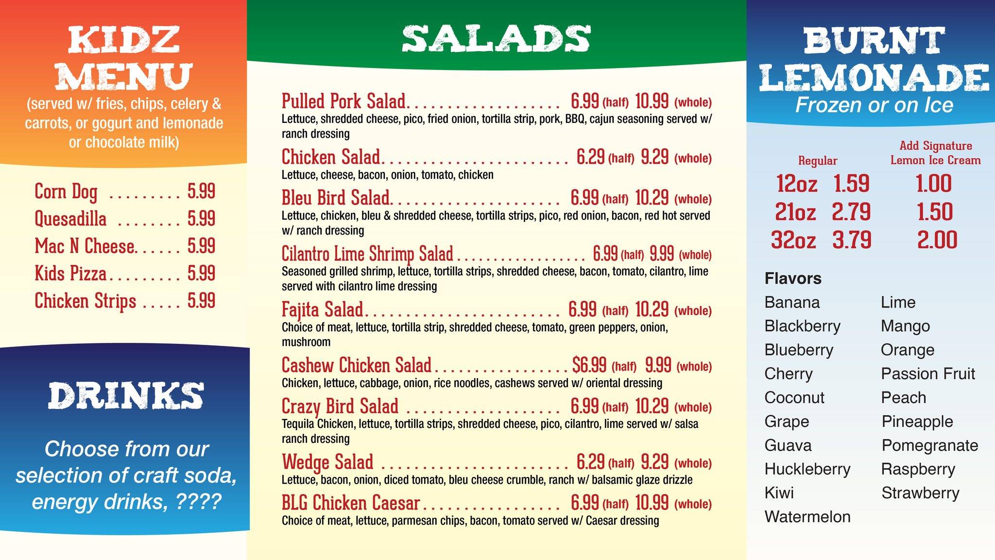 Menu at Burnt Lemon Grill restaurant, Twin Falls, Shoshone St E