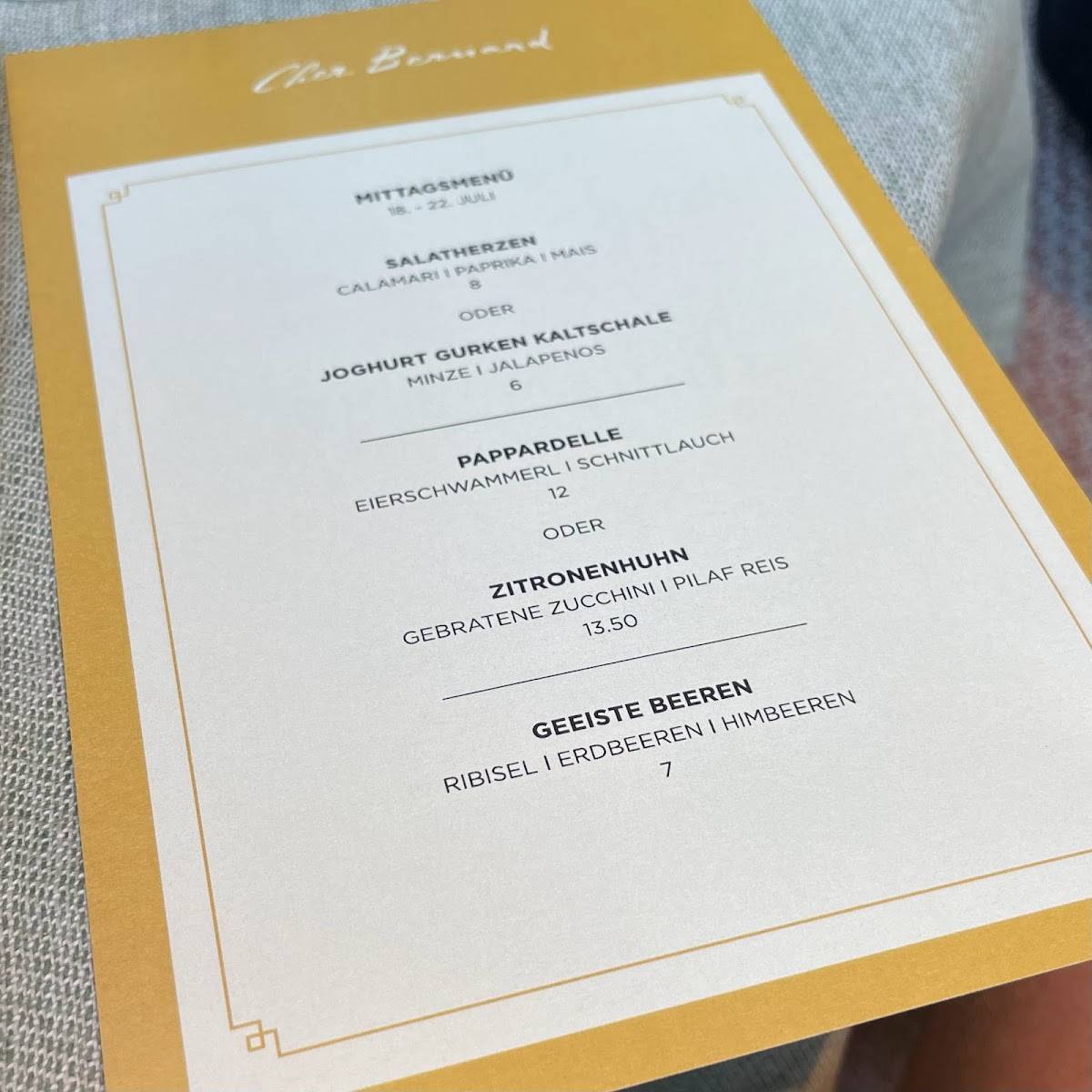 Speisekarte von CHEZ BERNARD Restaurant et Bar, Wien