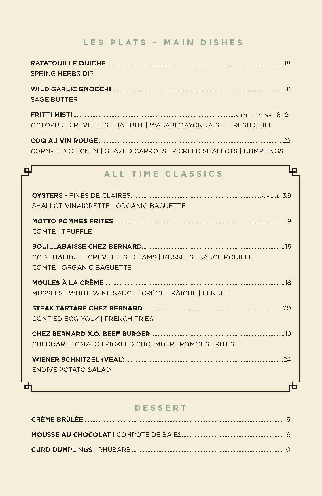 Speisekarte von CHEZ BERNARD Restaurant et Bar, Wien