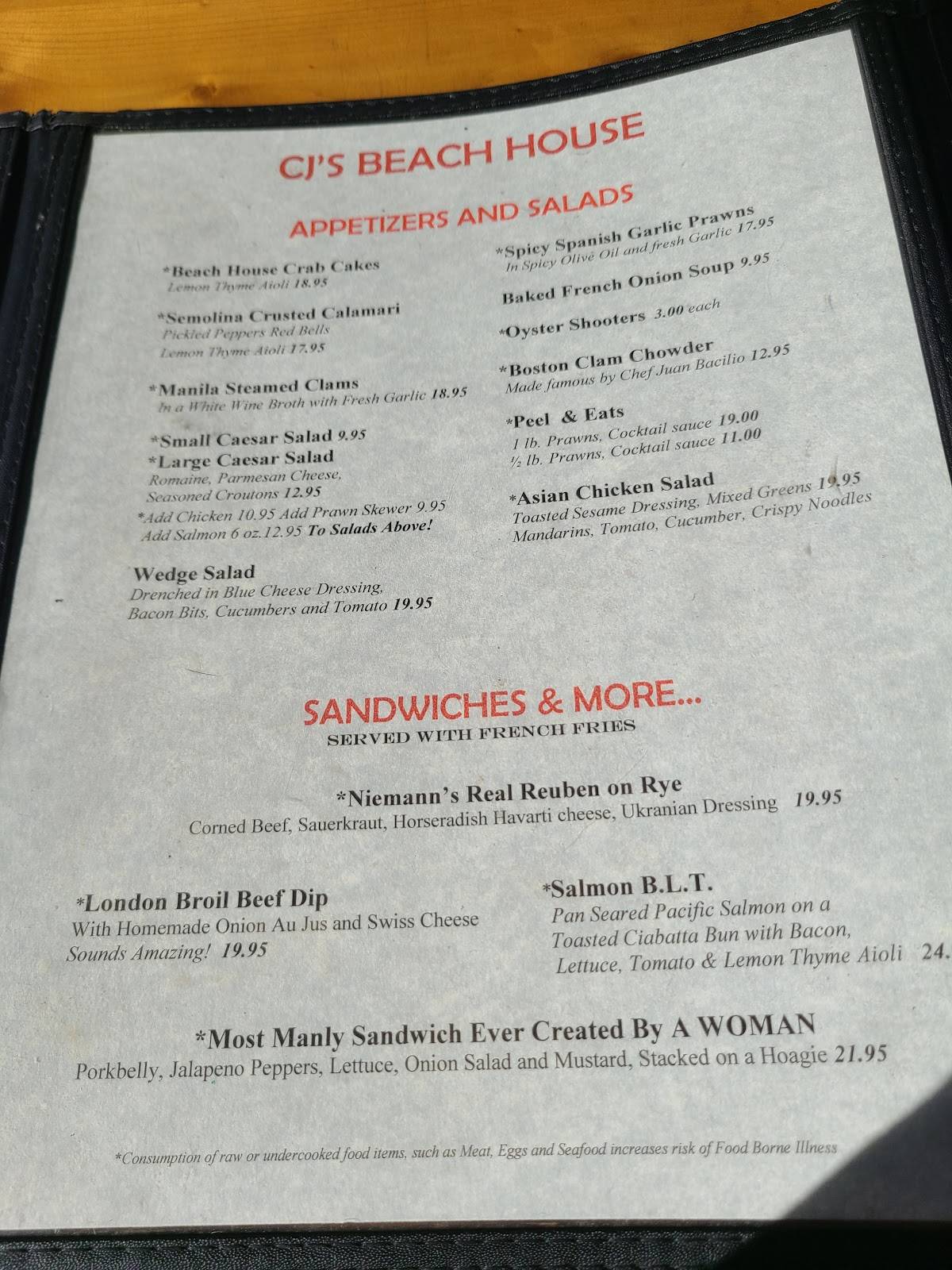 Menu at CJ's Beach House restaurant, Birch Bay