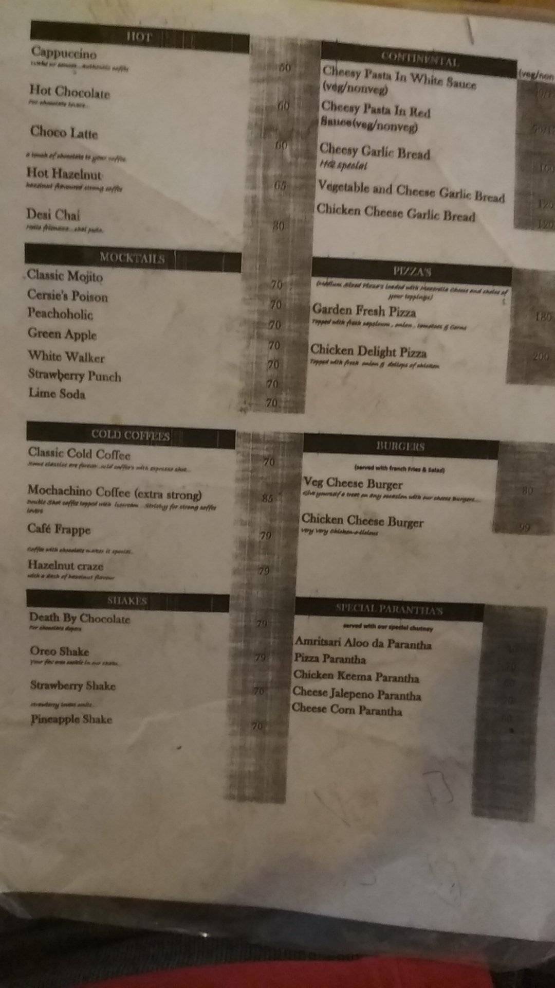 Menu at Cafe Headquarters, Dehradun