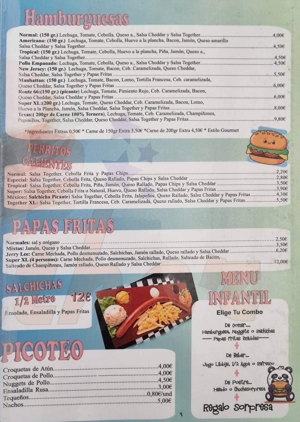 Menu at Cafeteria Together American Diner, Las Chafiras