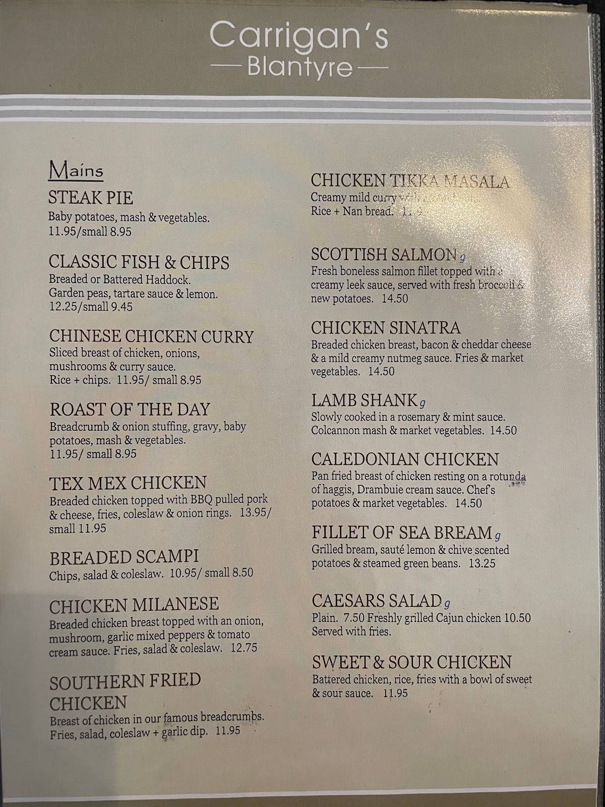 Menu at Carrigan's Blantyre restaurant, Glasgow