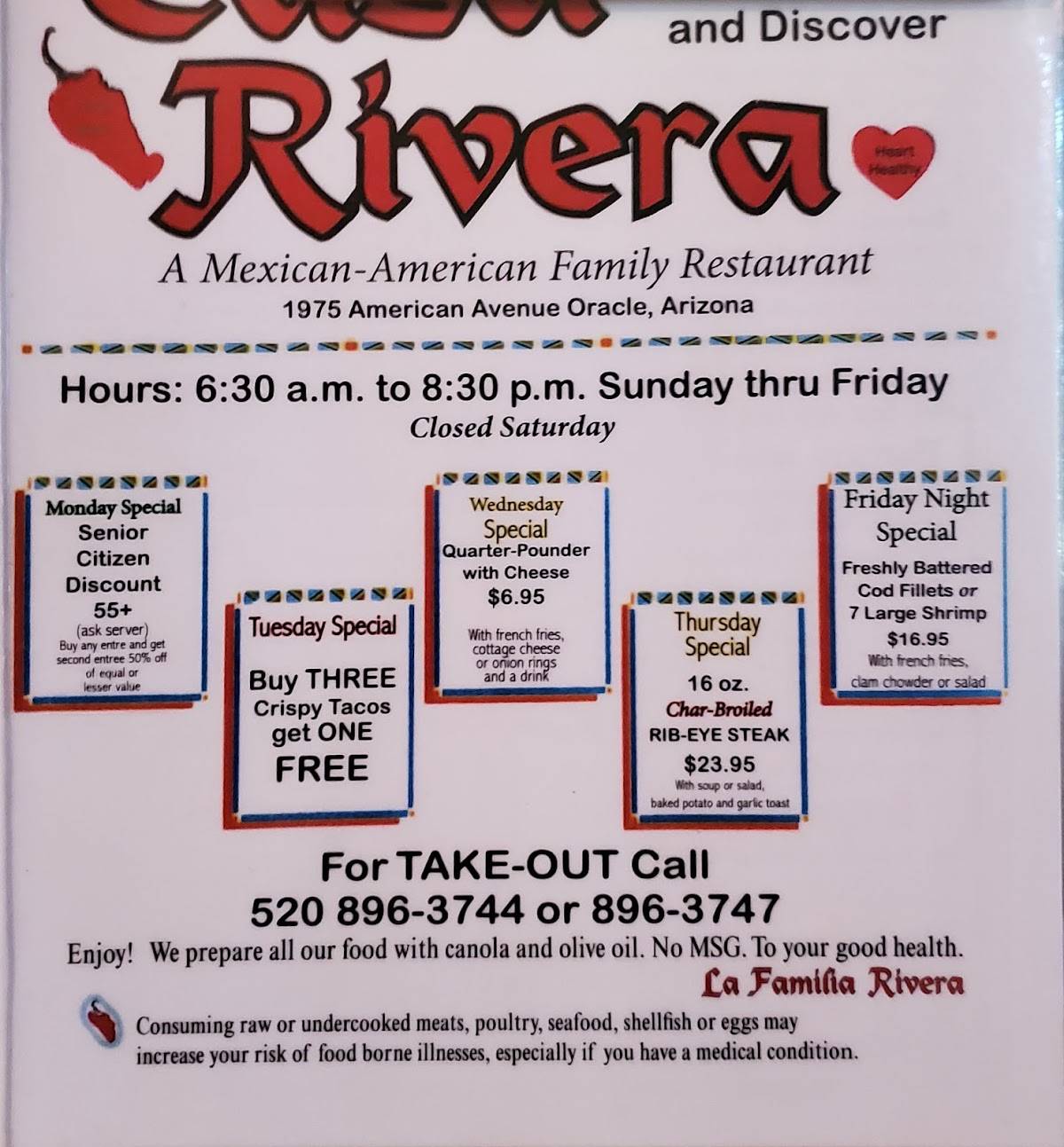 Menu at Casa Rivera's Taco Express restaurant, Oracle