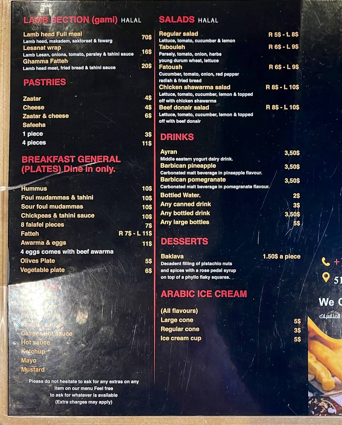 Menu at Casper's Shawarma restaurant, Saskatoon