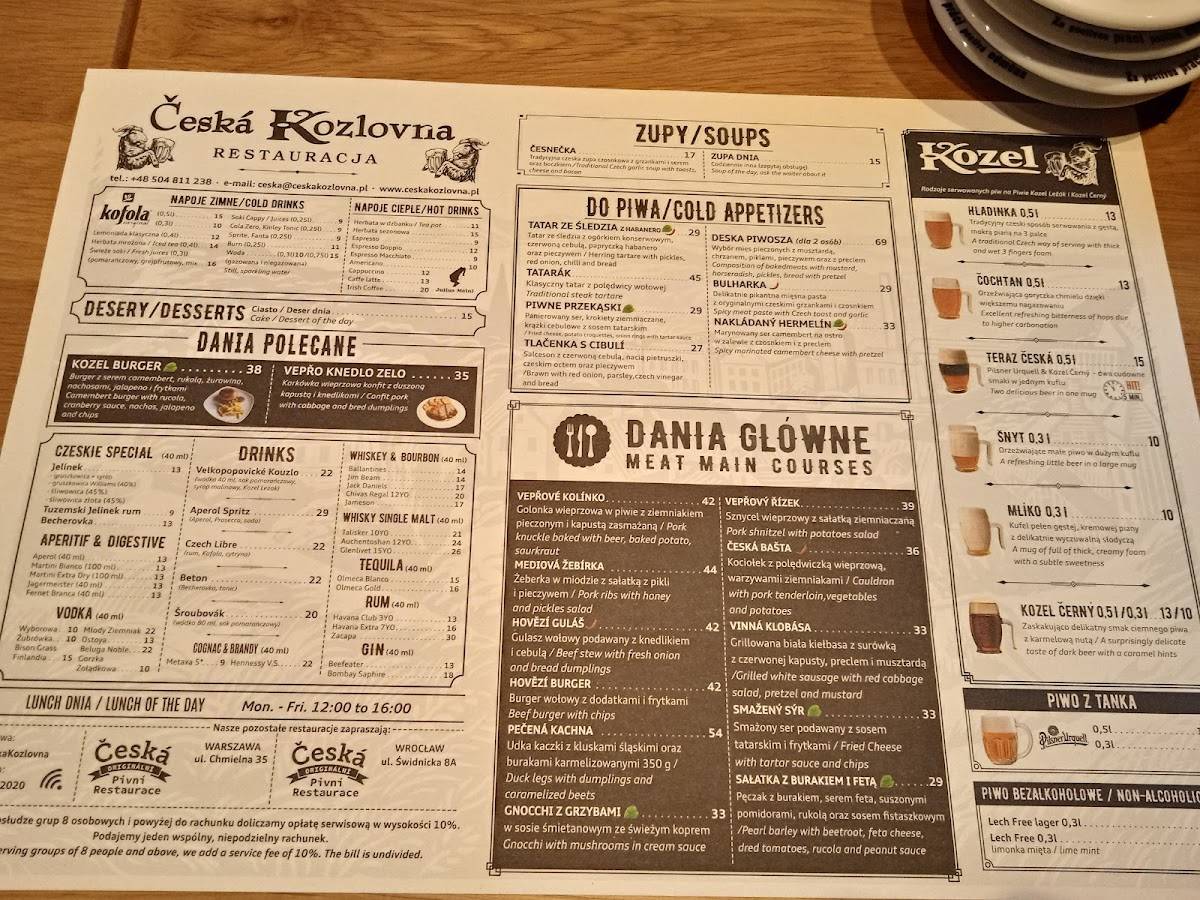 Menu at Ceska Kozlovna restaurant, Warsaw