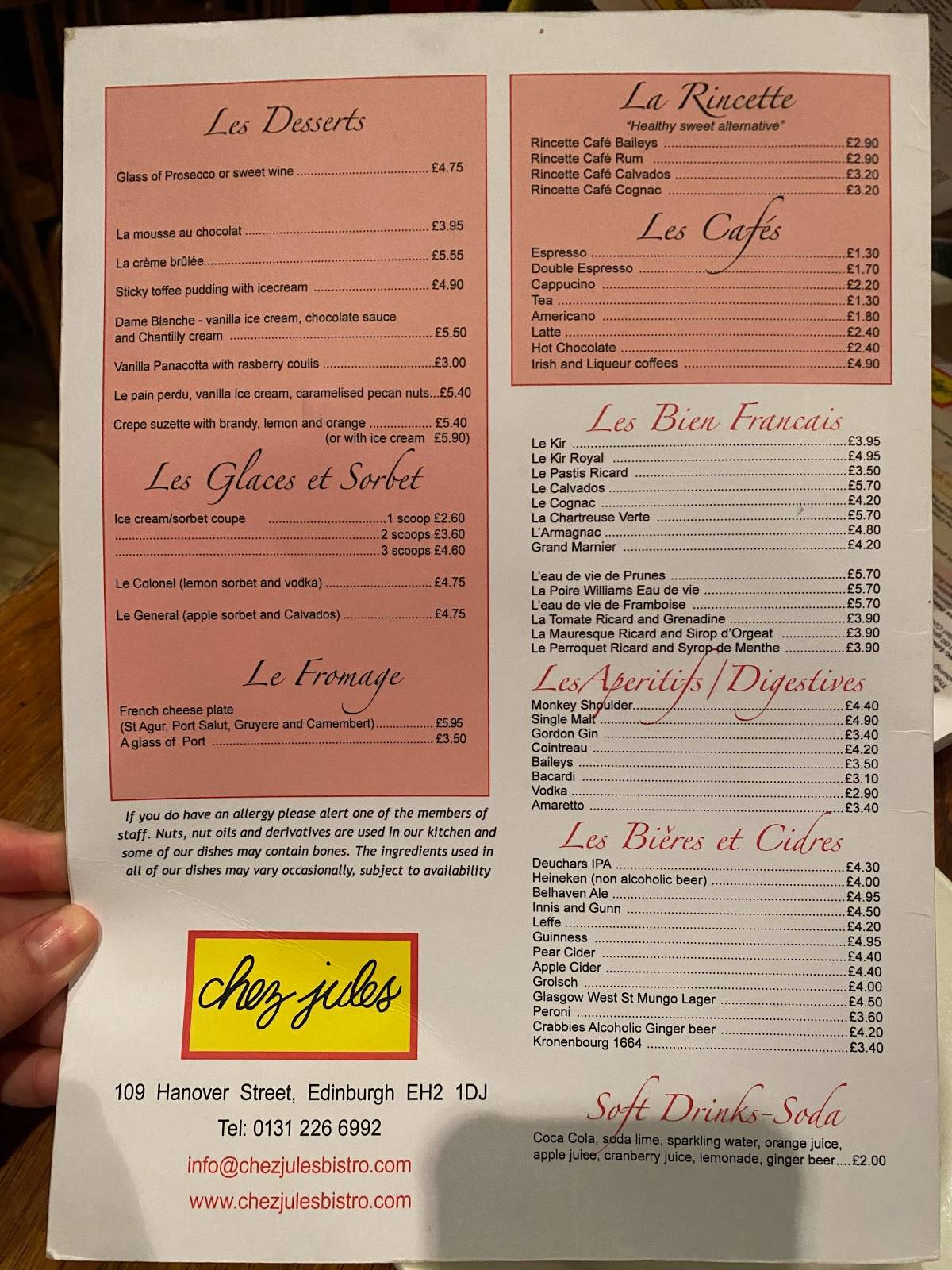 Menu at Chez Jules restaurant, Edinburgh, 109 Hanover St