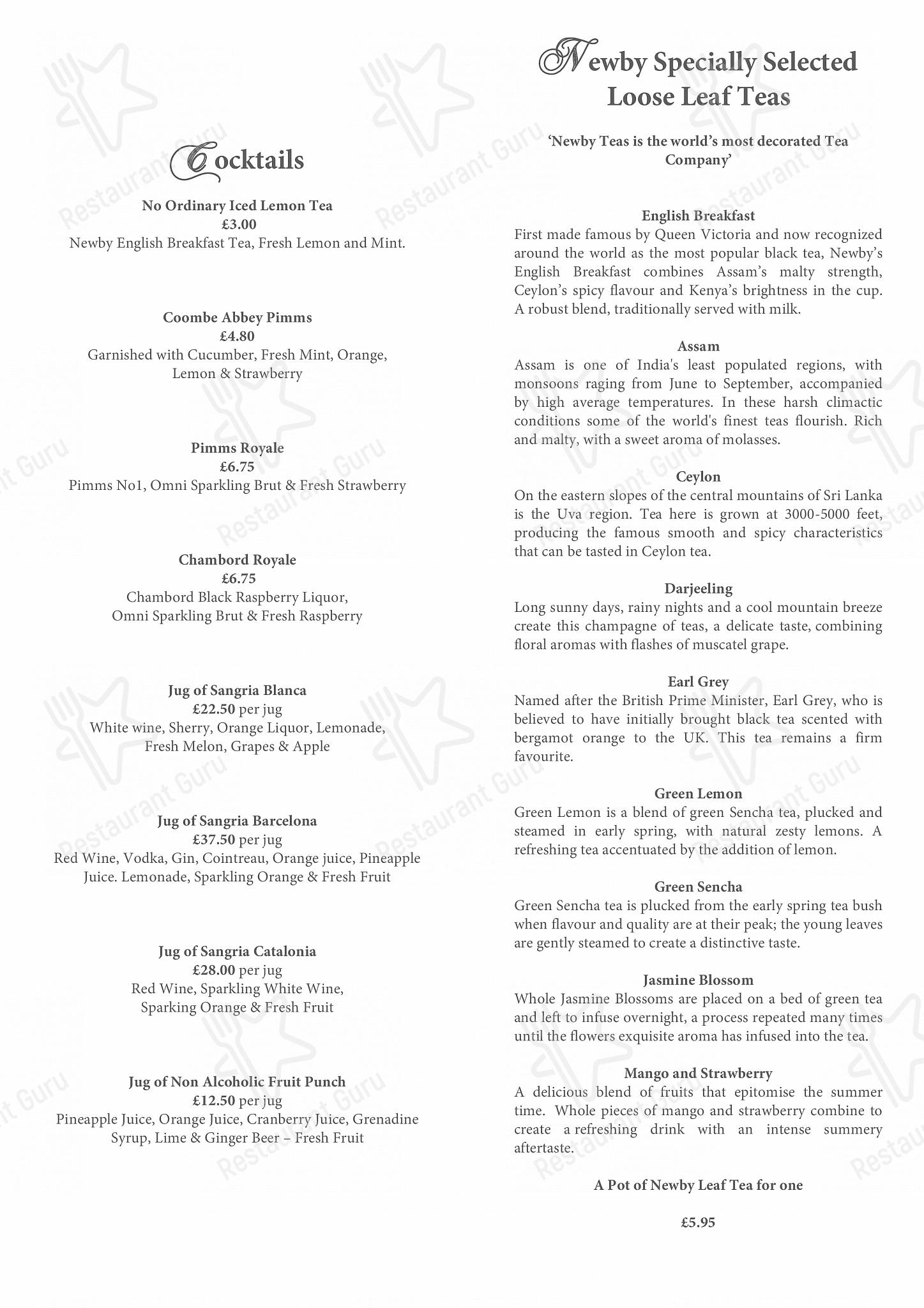 Menu at Coombe Abbey Hotel pub & bar, Coventry