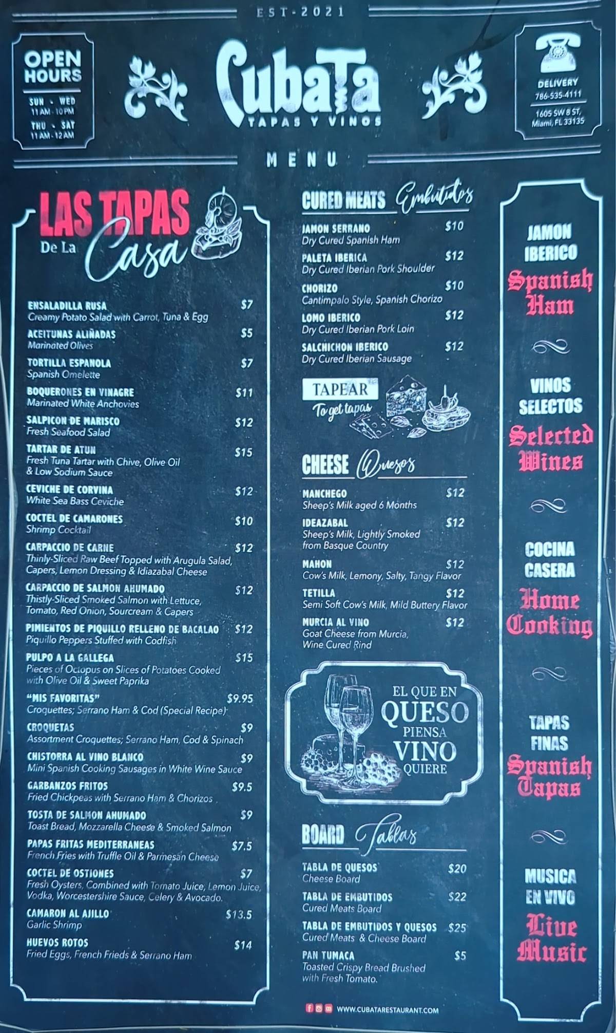 Menu at Cubata restaurant, Miami