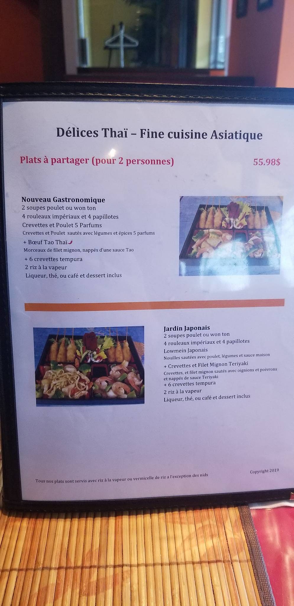 Menu au Restaurant Délices Thaï, Québec