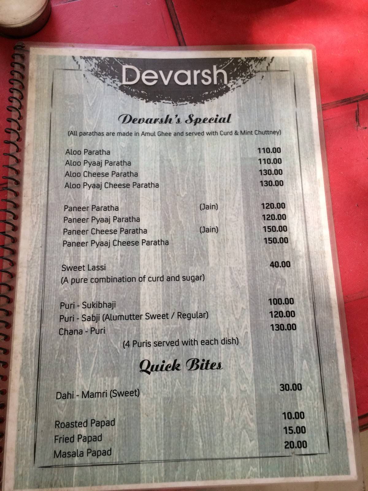 Menu at Devarsh, Ahmedabad