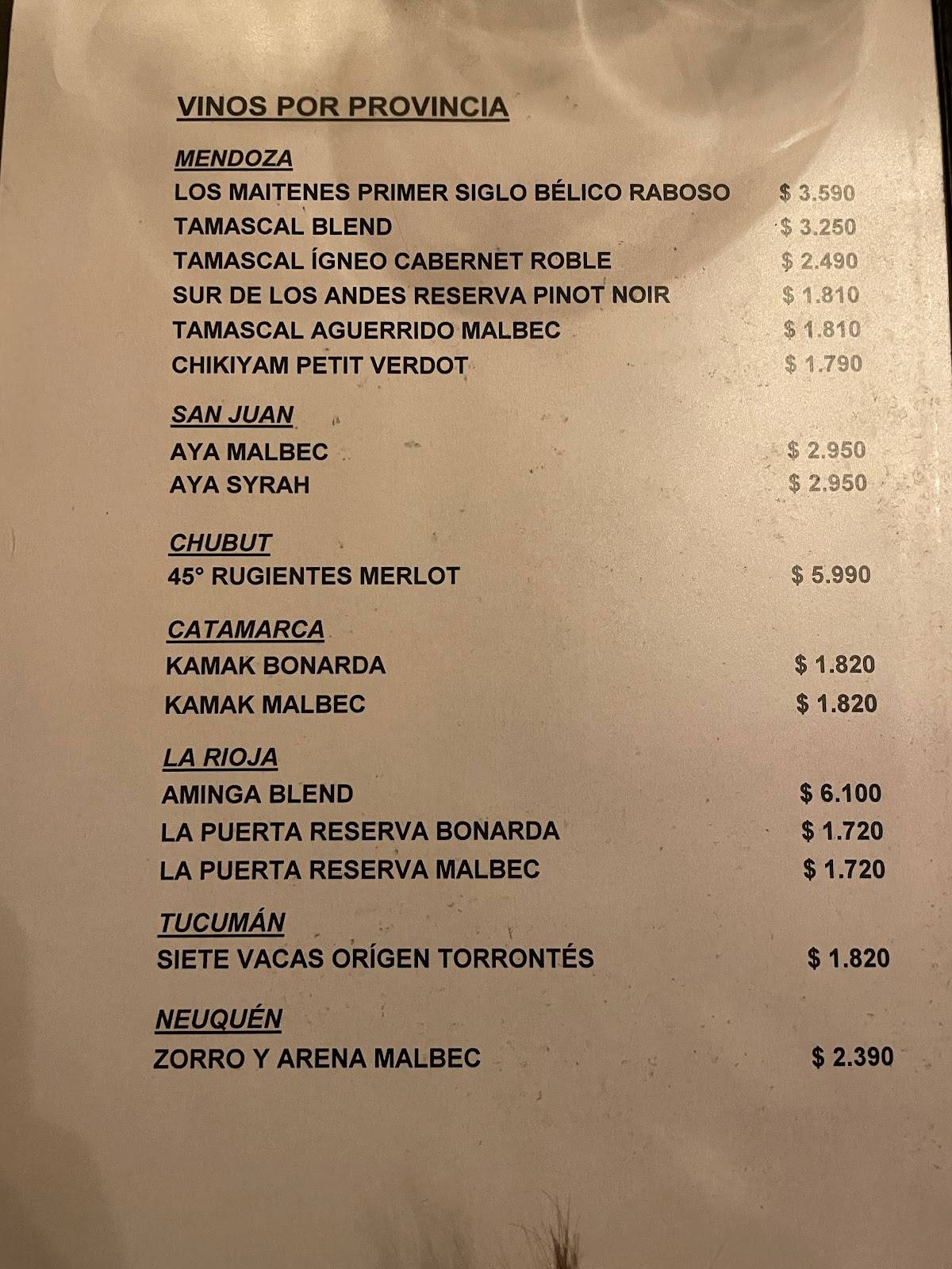 Carta del restaurante Don Zoilo, Buenos Aires