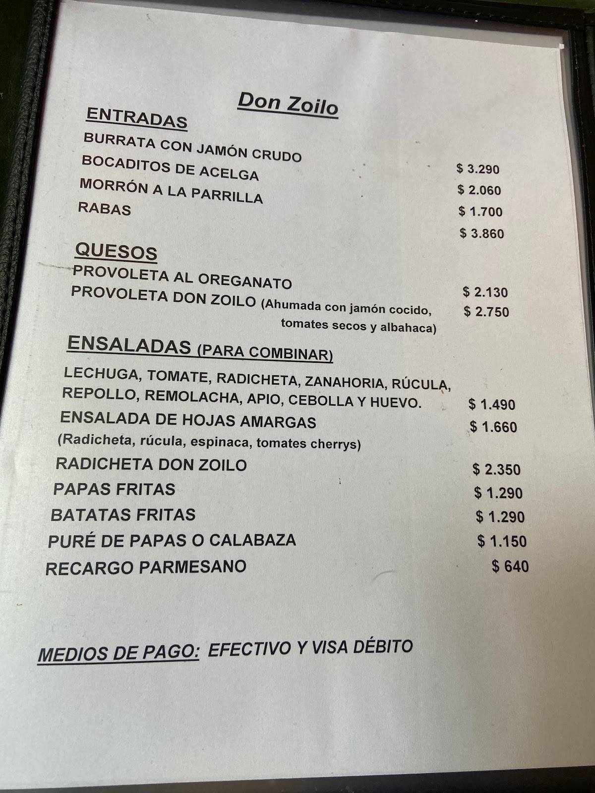 Carta del restaurante Don Zoilo, Buenos Aires
