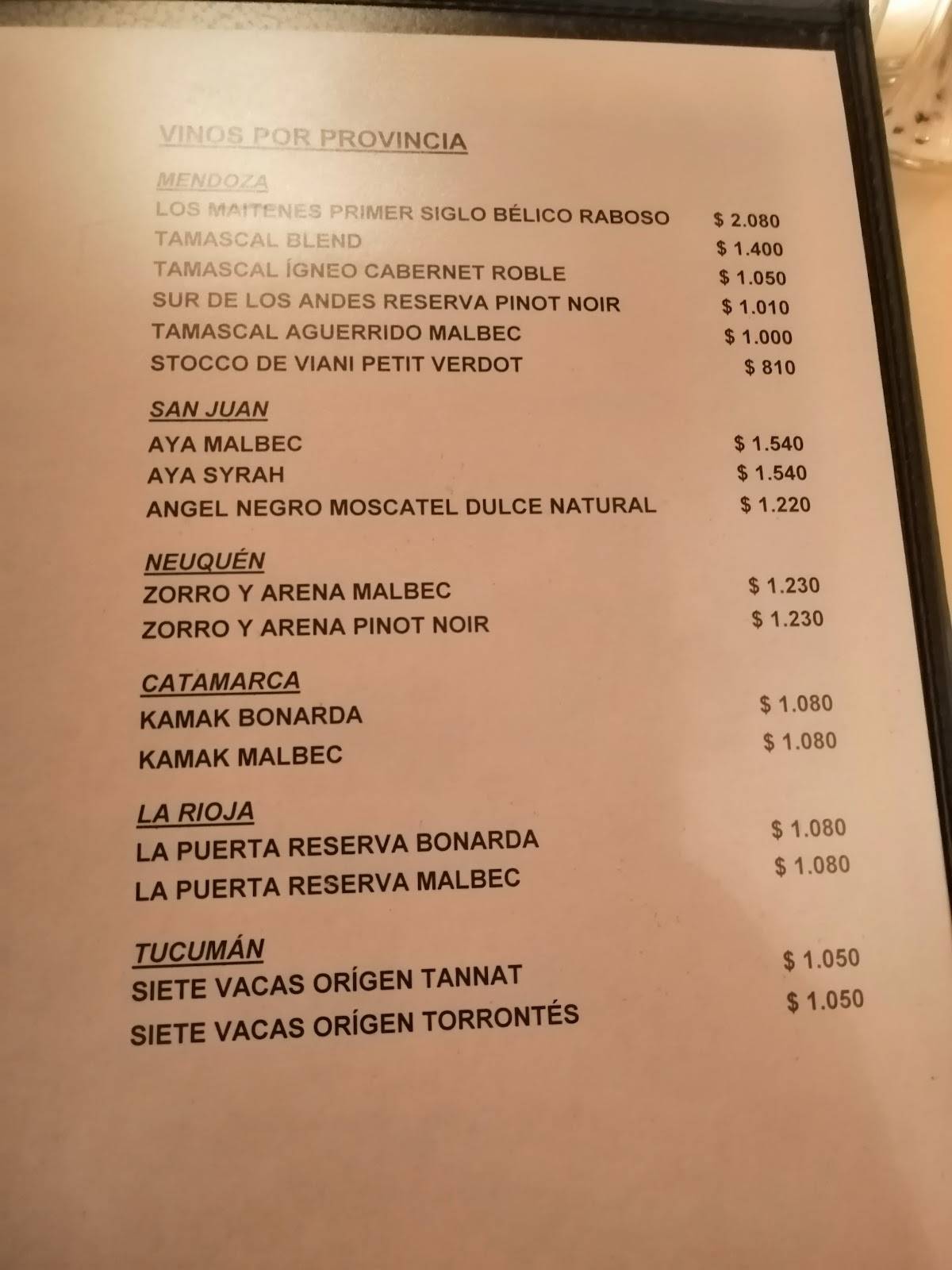Carta del restaurante Don Zoilo, Buenos Aires