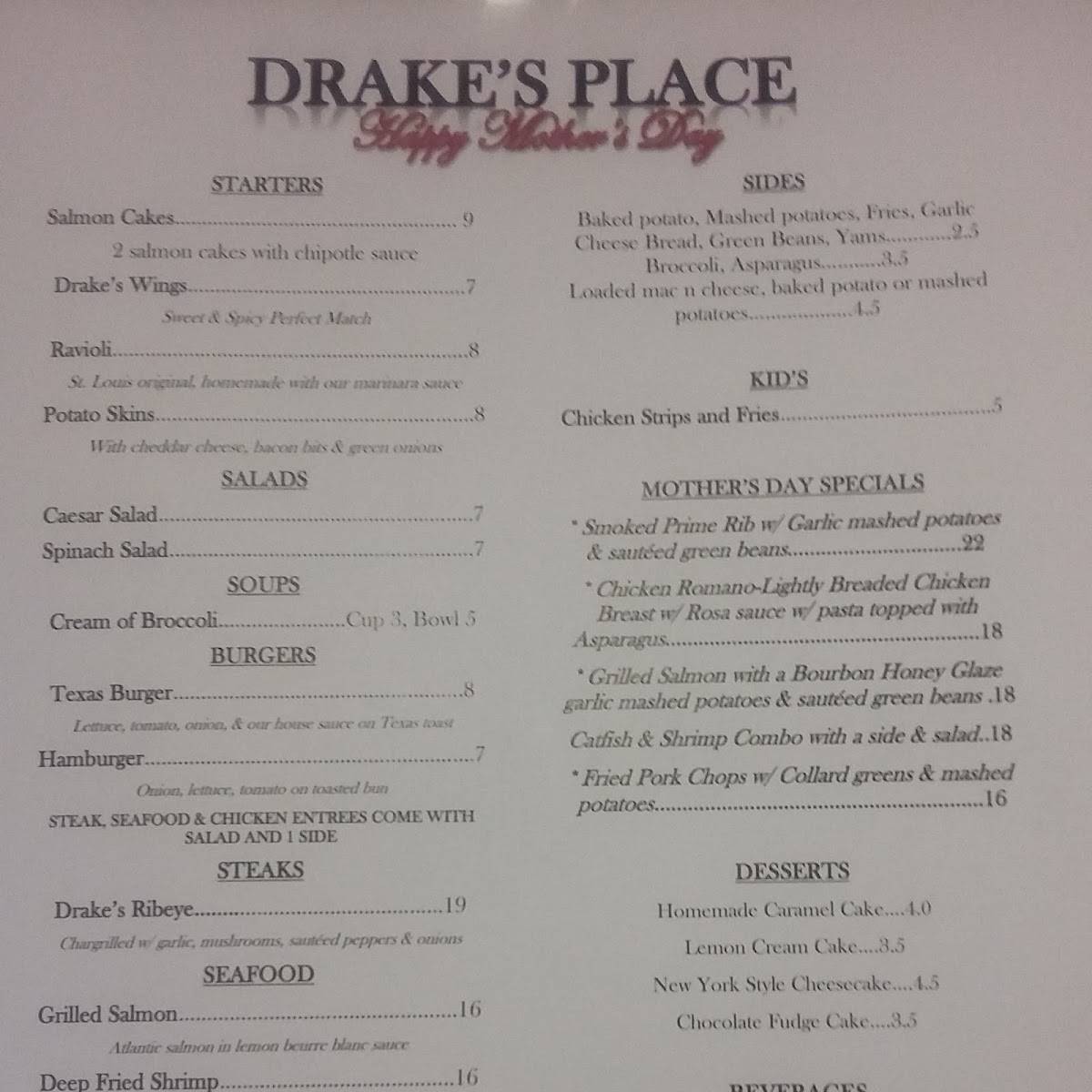 Menu at Drake's Place Restaurant & BBQ Smokehouse, Ferguson