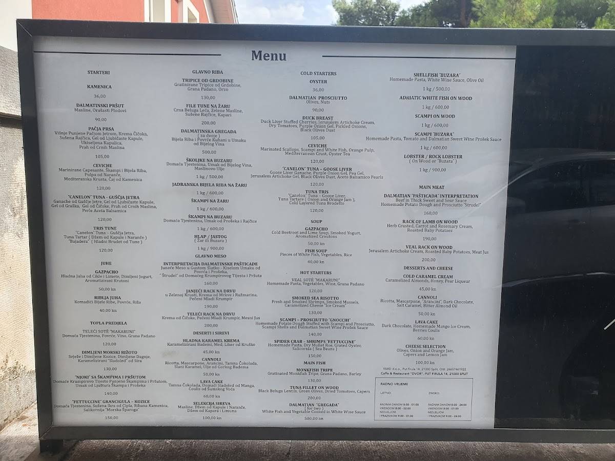 Menu at Dvor restaurant, Split, Put Firula 14