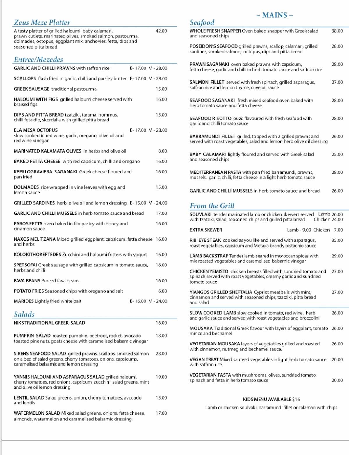 Menu at ELA MESA CAFE RESTAURANT, Woy Woy