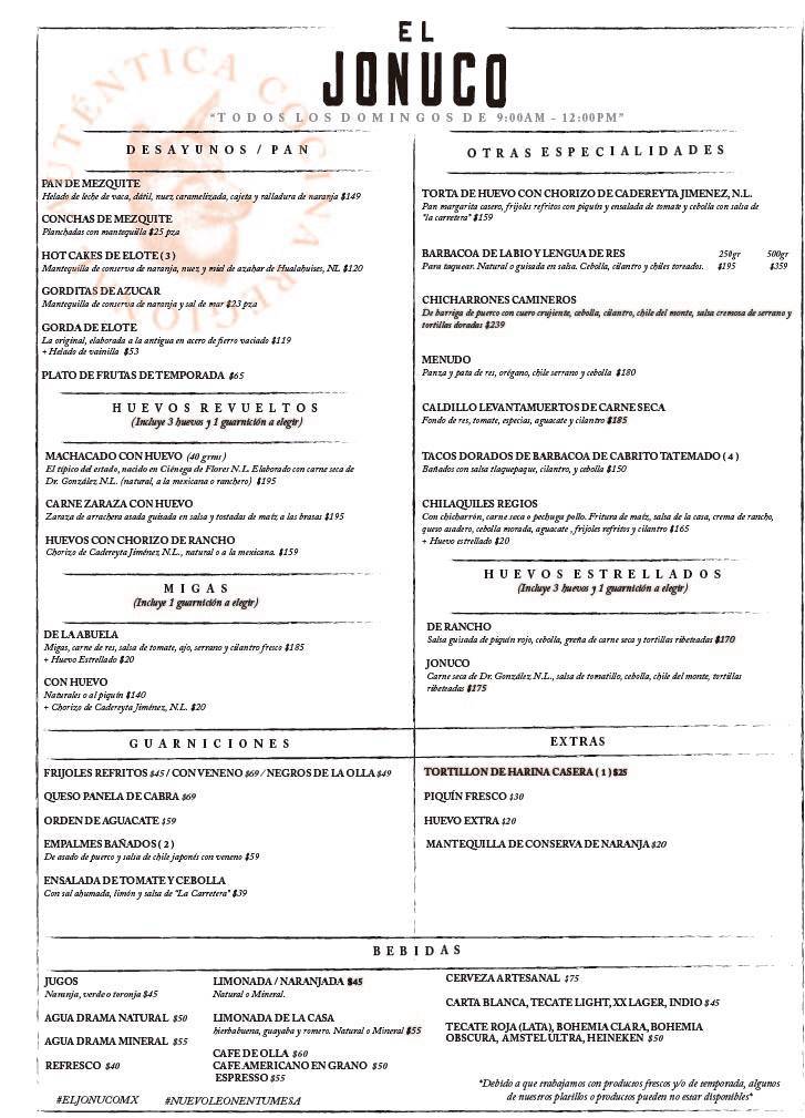 Carta del restaurante El Jonuco, Apodaca