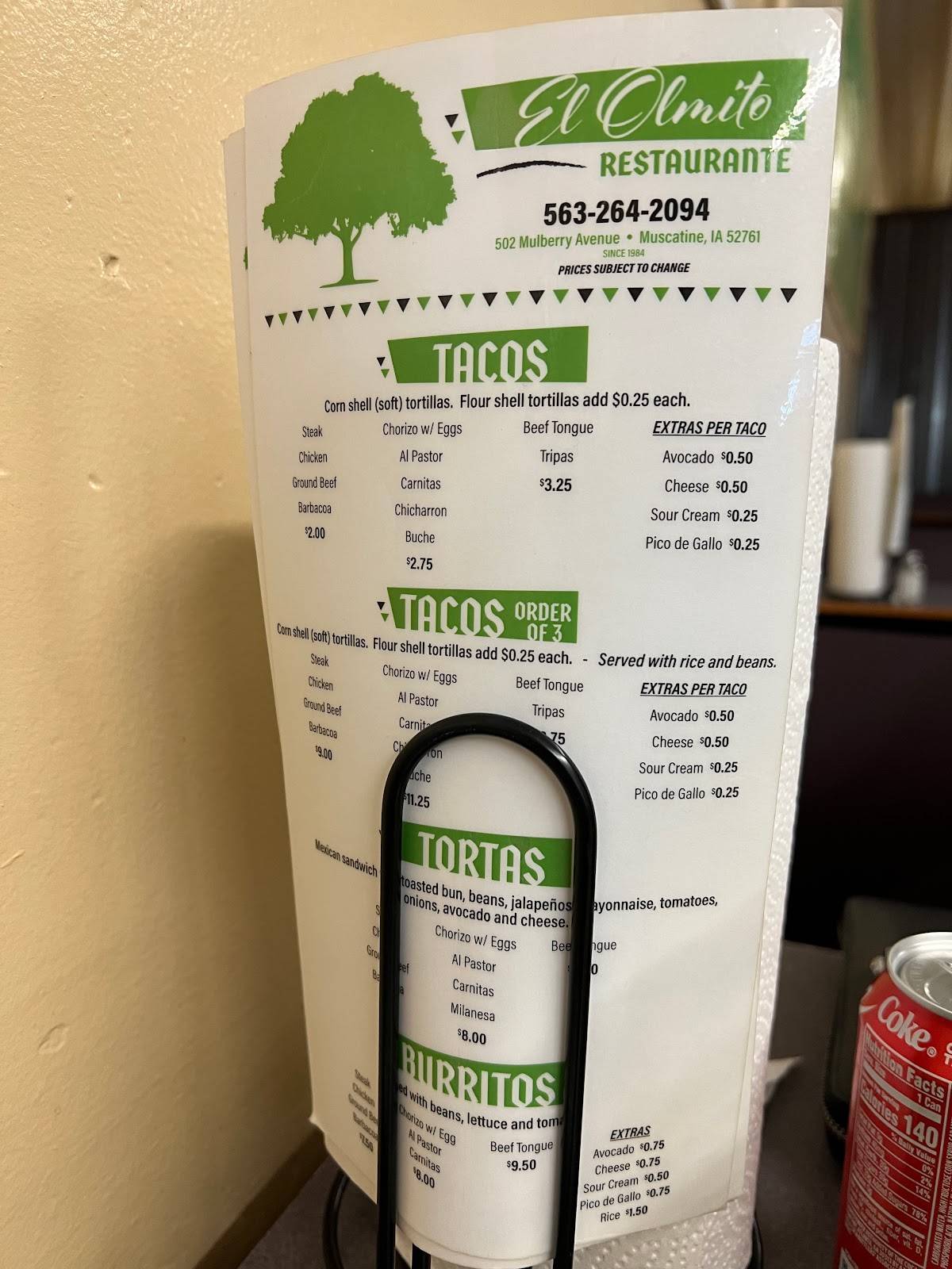 Menu at El Olmito Mexican Grocery restaurant, Muscatine