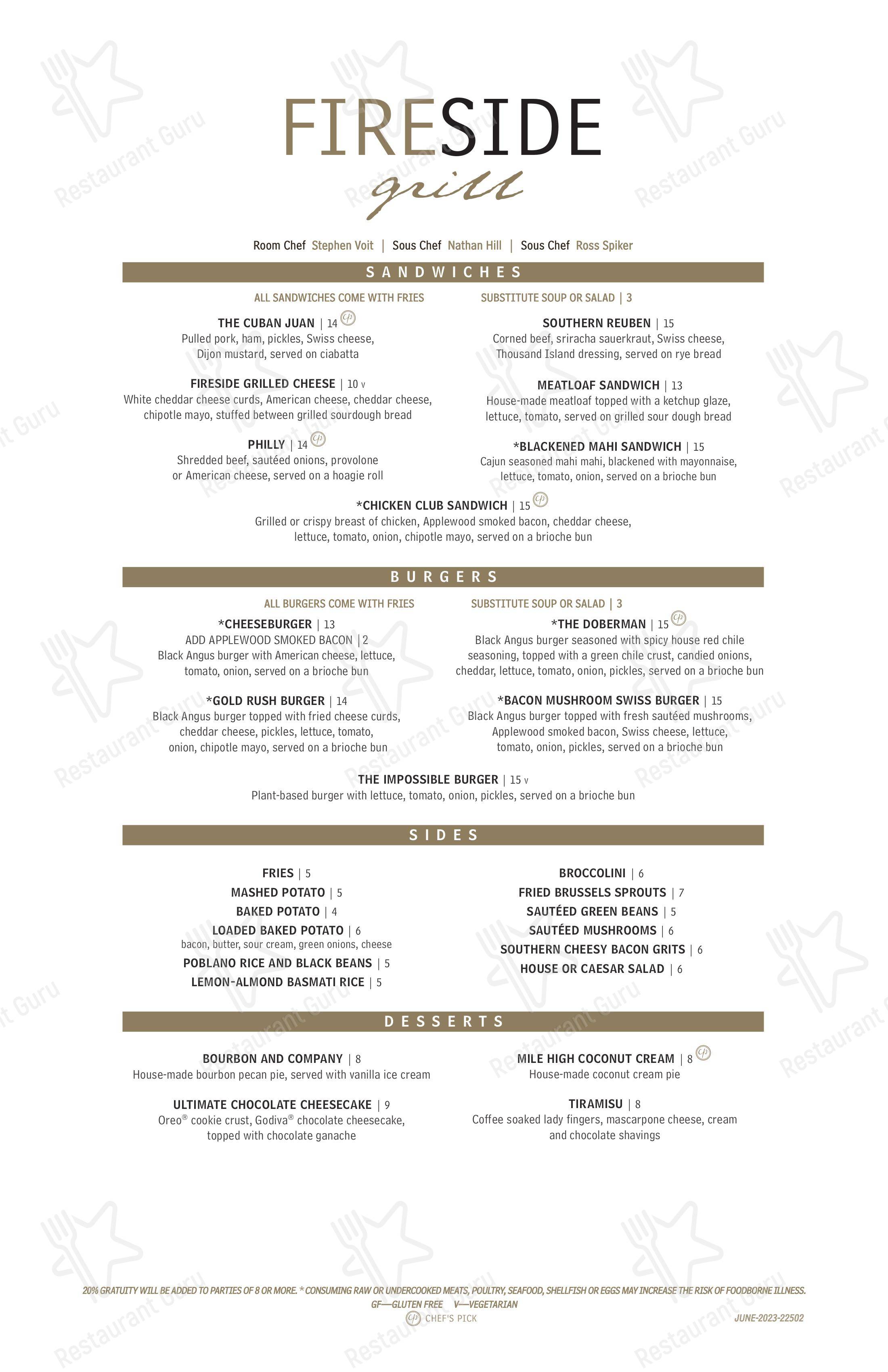 Menu at Fireside Grill restaurant, Tulsa