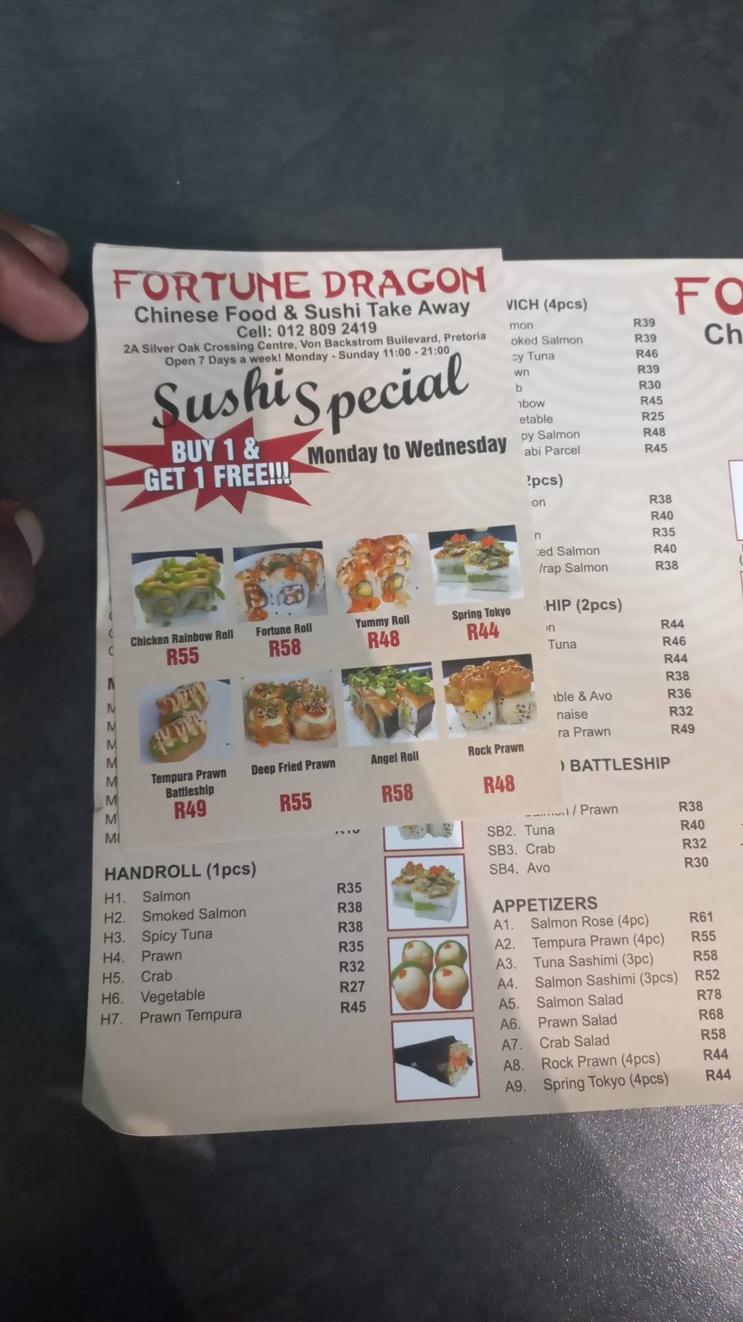 Menu at Fortune Dragon restaurant, Pretoria, Silver Oaks Crossing