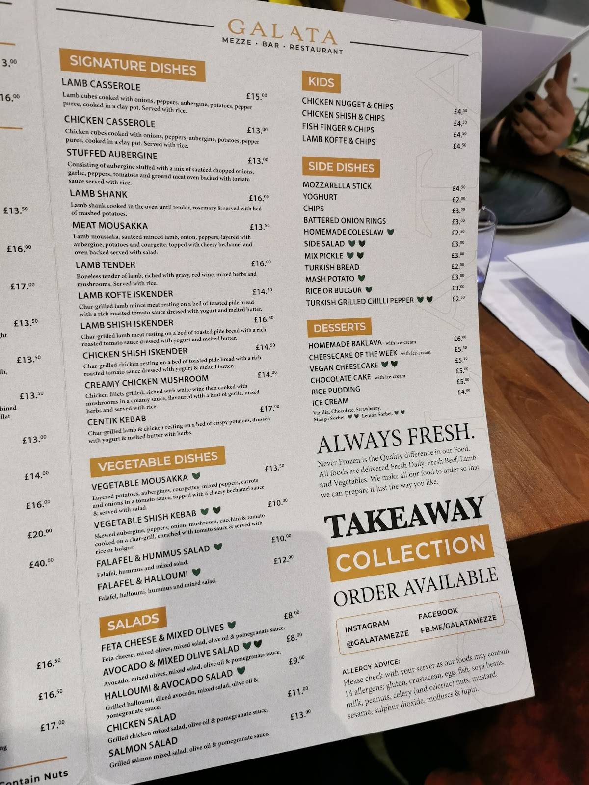 Menu at Galata Mezze Restaurant & Bar, Rainham