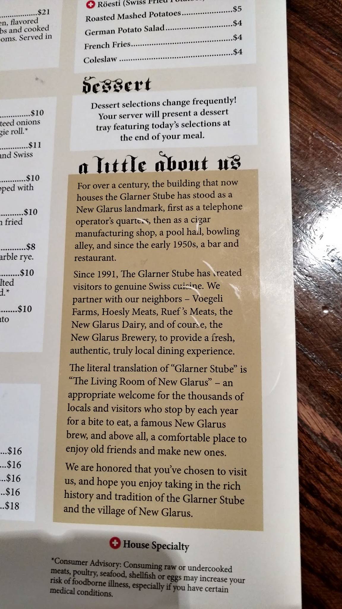 Menu at Glarner Stube restaurant, New Glarus