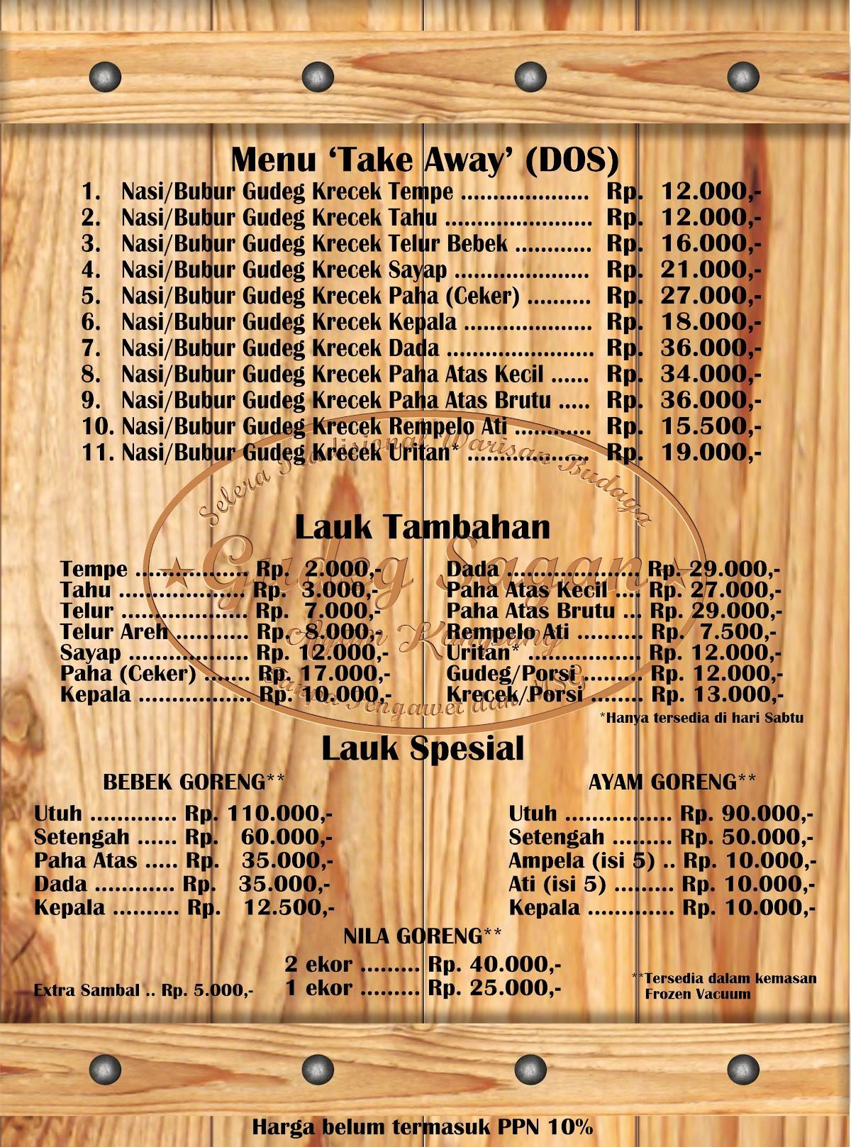 Menu at Gudeg Sagan restaurant, Yogyakarta, JL Prof. Dr Jl. Prof ...