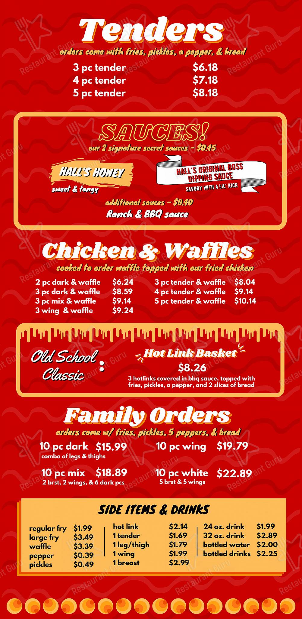 Menu at Hall's Honey-Fried Chicken restaurant, Dallas, Medical District Dr