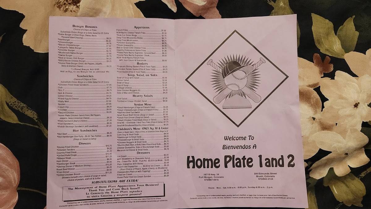 Menu at Home Plate Fort Morgan restaurant, Fort Morgan