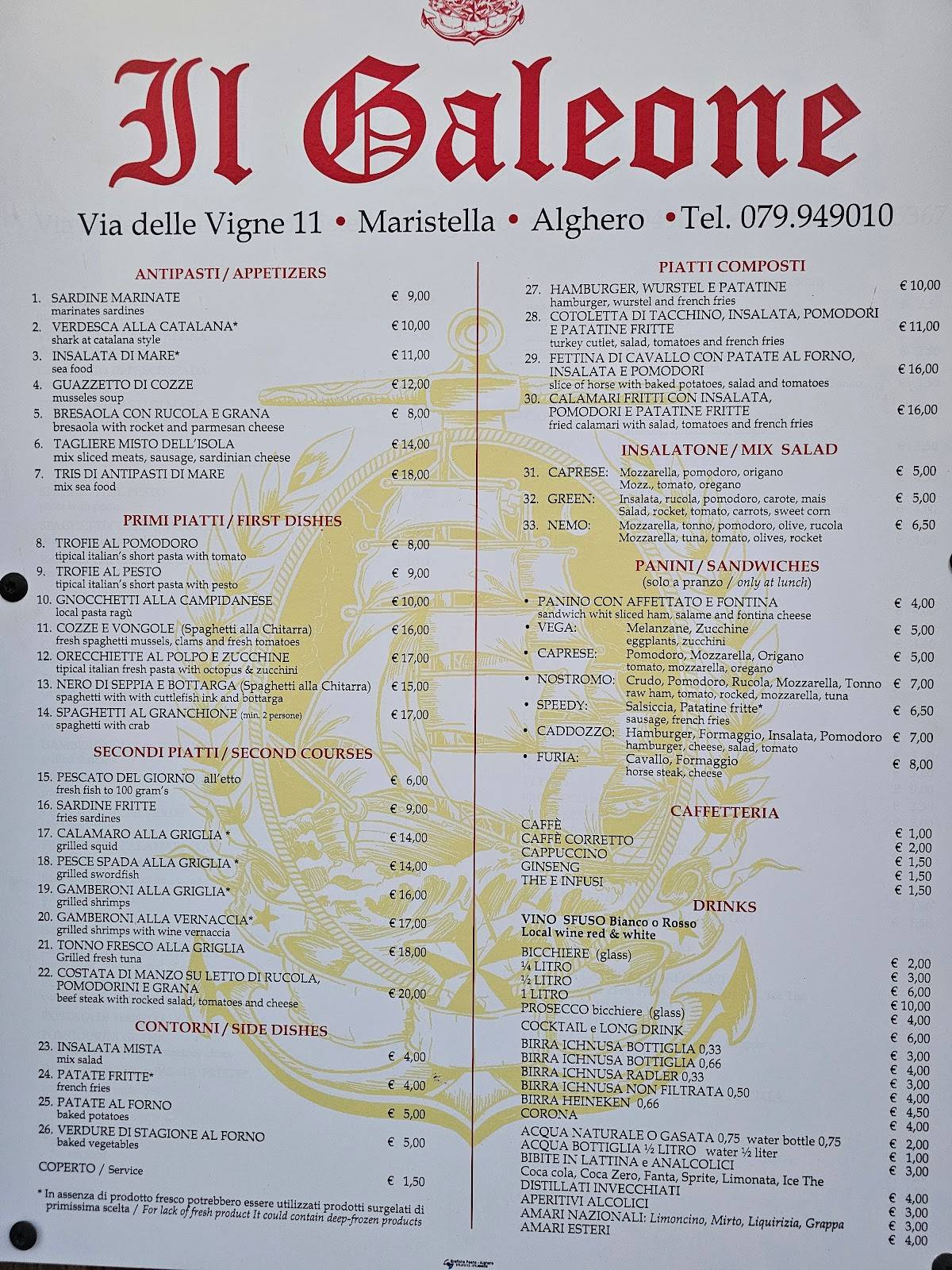 Menu da Il Galeone di Marzia Radovini ristorante, Maristella